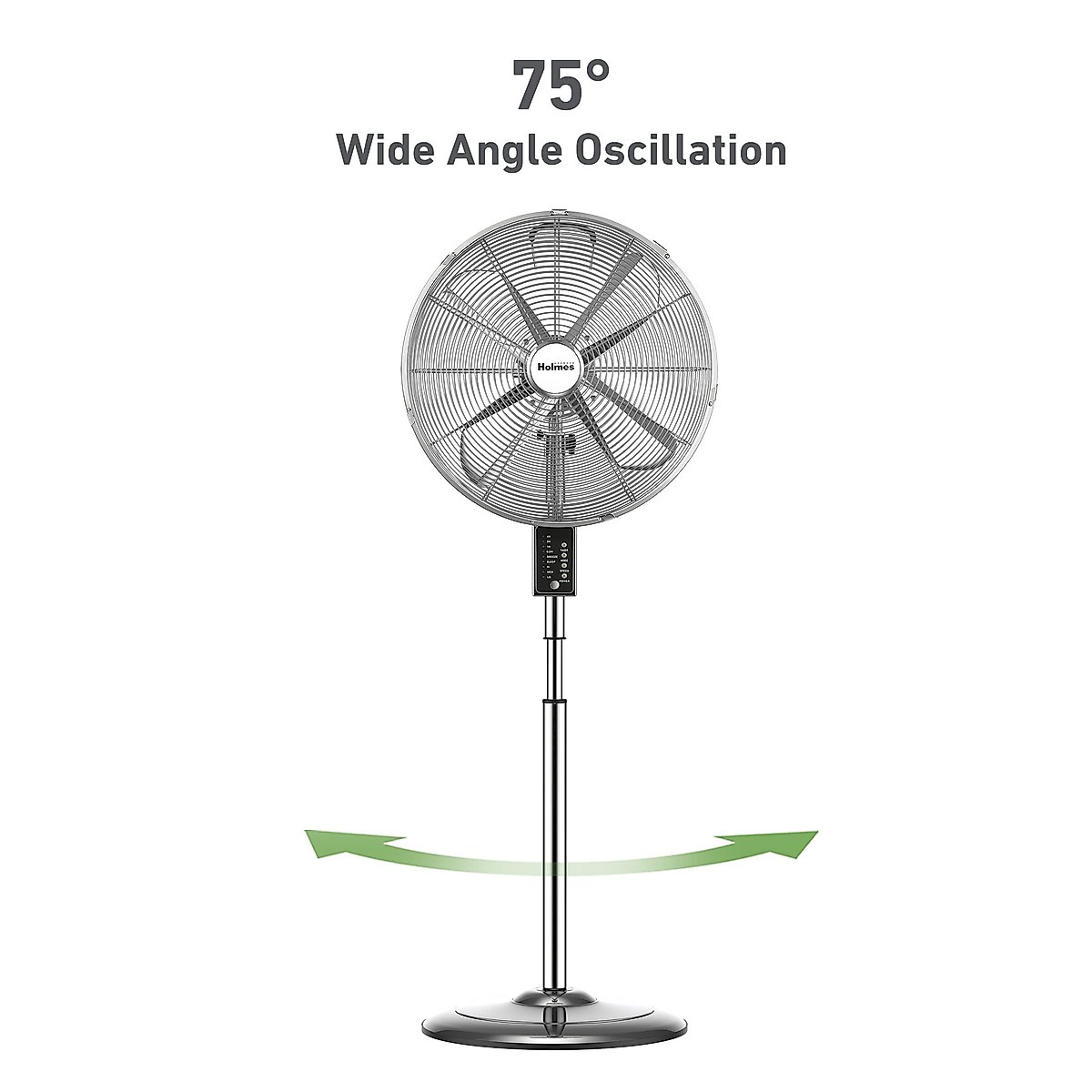 HOLMES 16" Chrome Digital Stand Fan, 75° Oscillation, 3 Speeds, 4 Blades, 3 Modes, Adjustable Height, 18° Head Tilt, Ideal for Home, Bedroom or Office, Remote Control