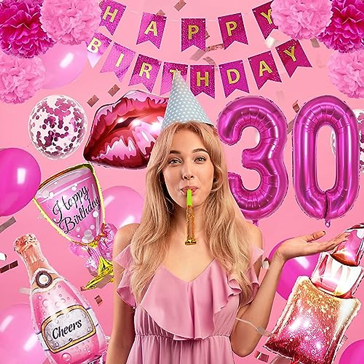 Crenics Rose Pink 30th Birthday Decorations for Women - Happy Birthday Banner, Paper Pom Poms, 30 Number Balloon, Lipstick Champagne Balloons and 24 Latex Balloons for Women 30 Birthday Party Supplies