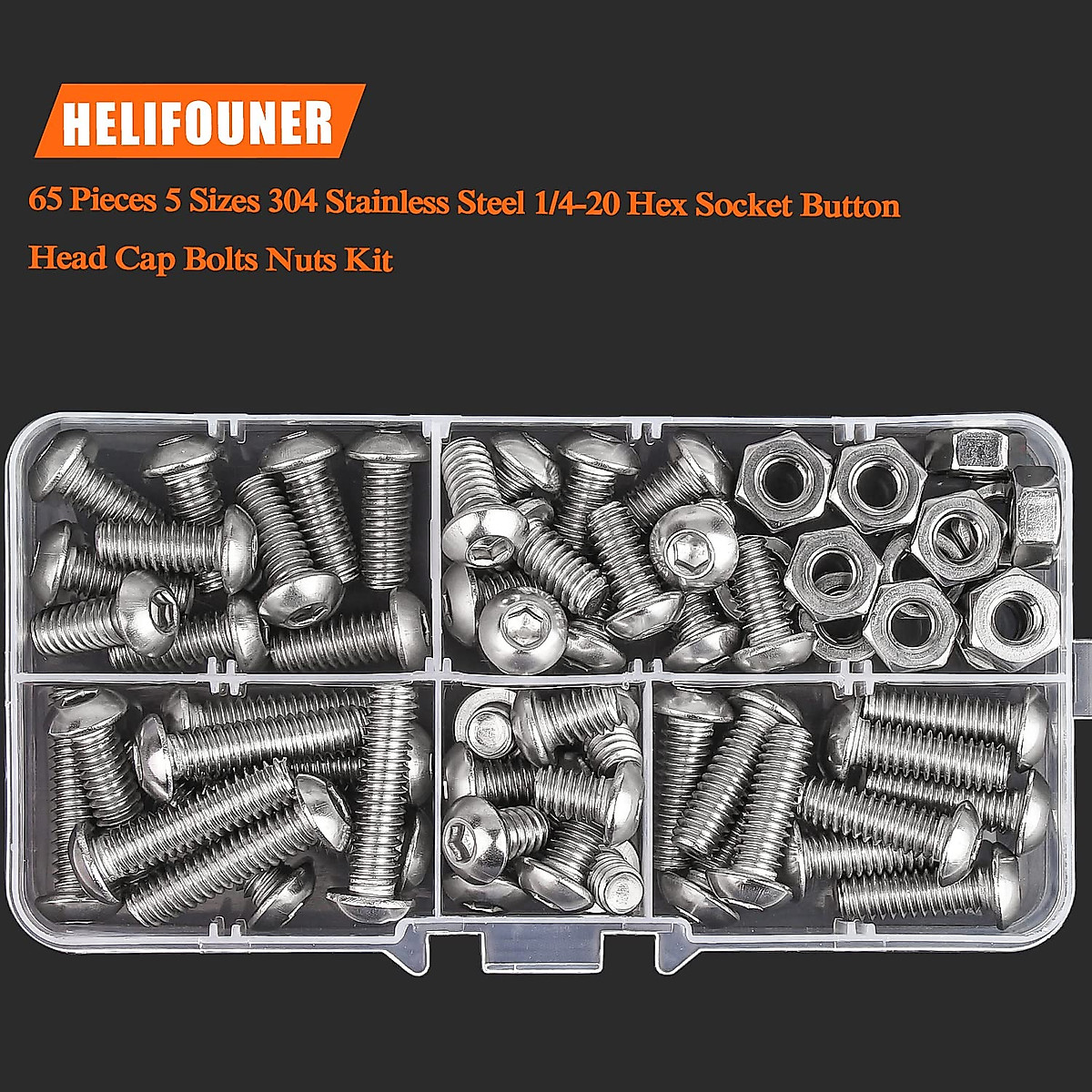 HELIFOUNER 65 Pieces 5 Sizes 304 Stainless Steel 1/4-20 x 3/8" 1/2" 5/8" 3/4" 1" UNC Thread Button Head Socket Cap Screws Bolts Kit
