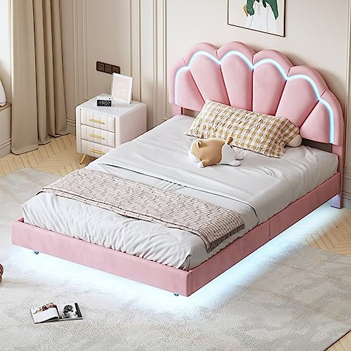 Upholstered Smart LED Bed Frame with Elegant Flowers Headboard,Floating Velvet Platform LED Bed with Wooden Slats Supportfor Bedroom, No Box Spring Needed (Pink, Full)