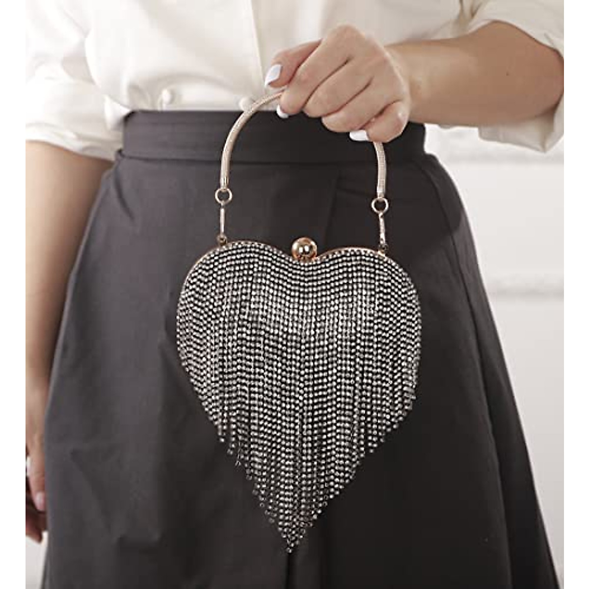 Sither Rhinestone Tassel Handbag Purses for Women Evening Handbag Purses Heart Shape Tassel Clutch Purses Sparkly Clutches Shoulder Chain Bags for Party Prom Christmas Gift (black)