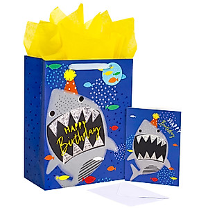 LeZakaa 13" Birthday Gift Bag, Medium Blue Gift Bag with Tissue Paper, Gift Tag and Card - Shark with Word Happy Birthday Design for Boy, Girl, Kids