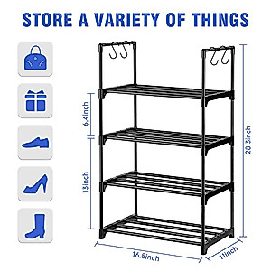 NiHome 4-Tier Shoe Rack, Shoe Racks Storage Organizer Closet with Hooks, Metal Cabinet Stackable Shoe Rack Tower, Space Saving Organizer Shoe Shelf Durable Holds 8 Pairs (Black)