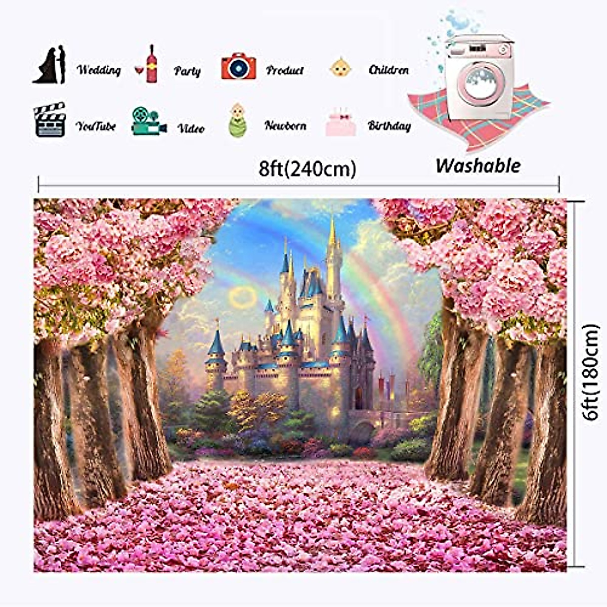 Dreamy Castle Backdrop 8x6ft Pink Sweet Sakura Flowers Tree Washable Polyester Photography Background Wedding Birthday Party Photo Studio Props YL068