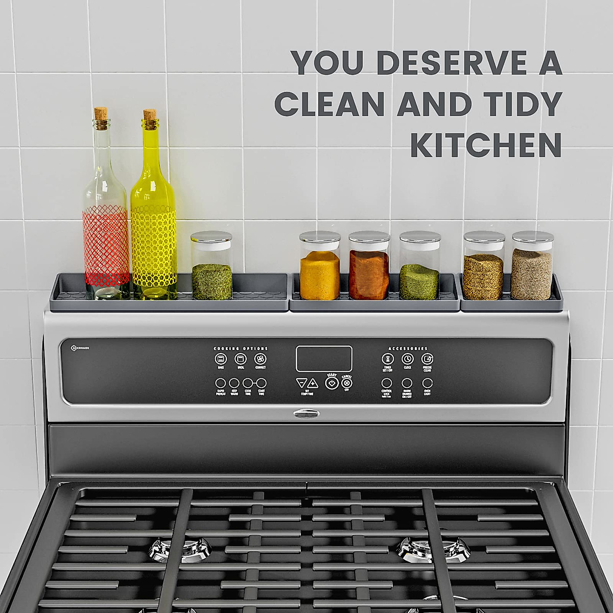 Silicone Magnetic Stove Top Shelf 30", Magnetic Shelf for Kitchen Stove Easy to Install, Stove Magnetic Shelf for Kitchen Stove,Over the Stove Top Shelf with 3 Functional Partitions -DARK GRAY