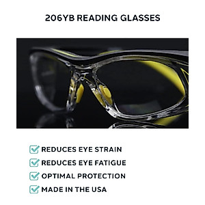 Safety Reading Glasses 206YB with Full Clear Magnifying Lenses, 1.00 to 3.00 Diopter, ANSI Z87 Approved (Black/Yellow, 1.75, x)