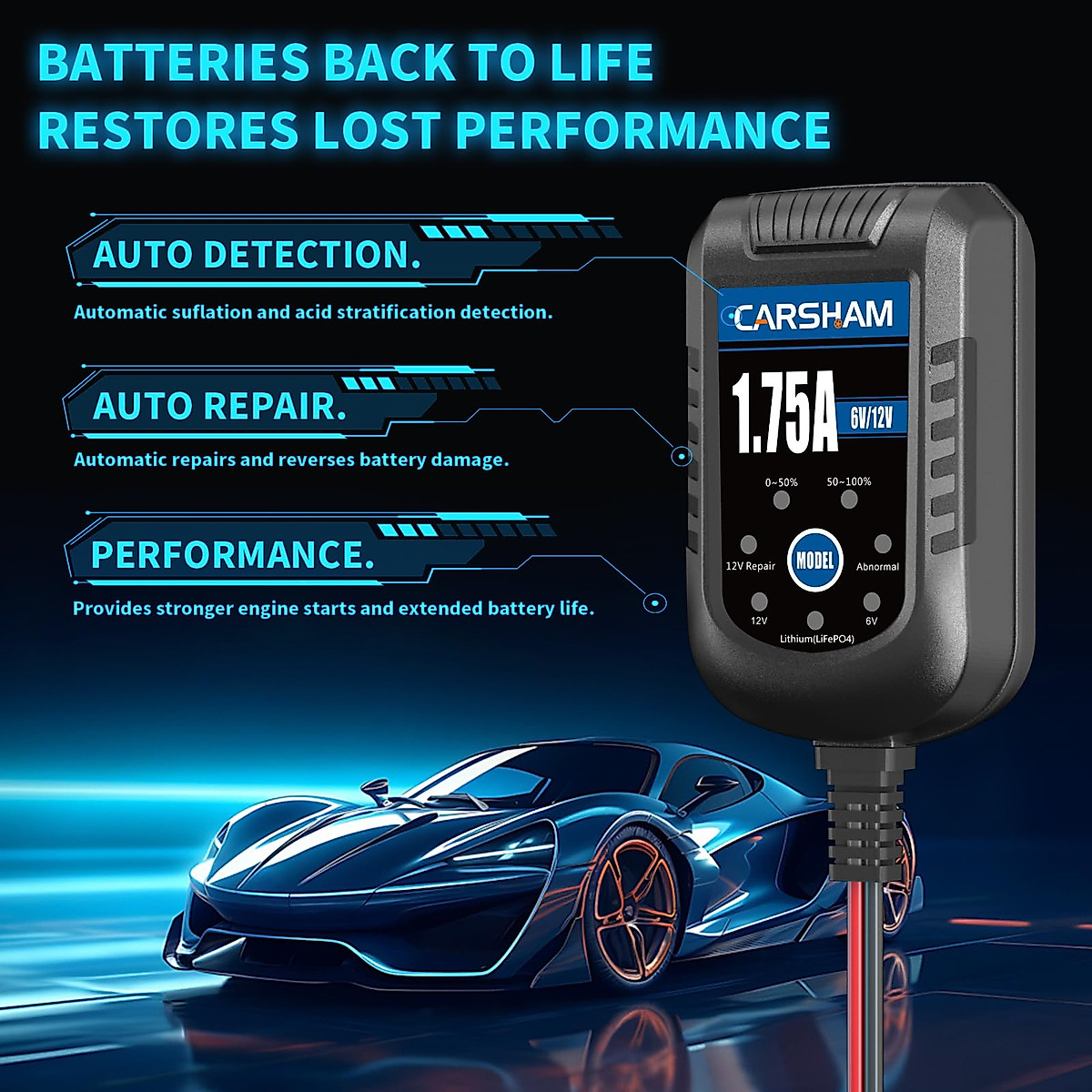 [4-Pack] CARSHAM Trickle Battery Charger 6V 12V Smart Float Charger Automatic Maintainer for Car Motorcycle Lawn Mower Tractor Automotive ATV Lead Acid and Lithium Batteries