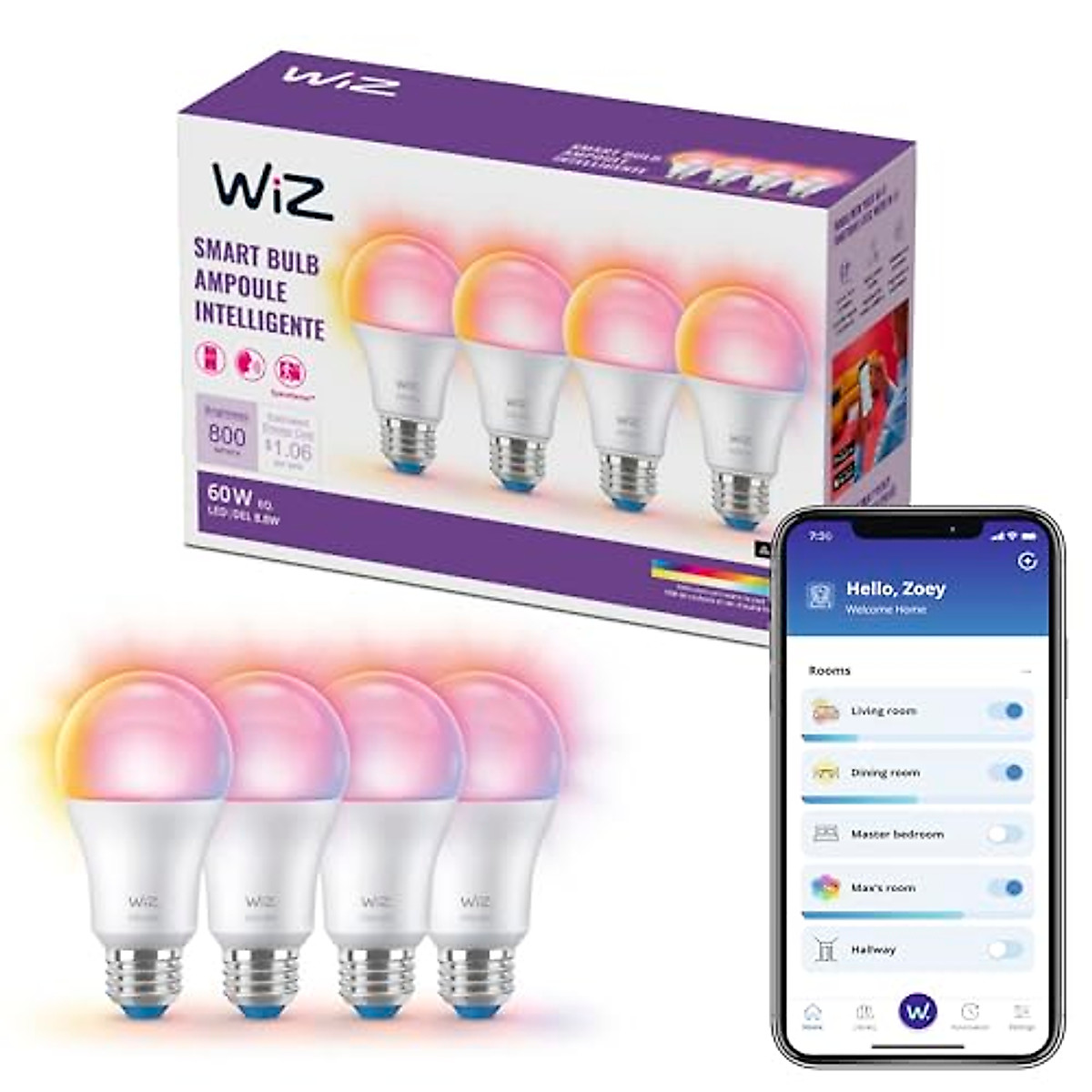 WiZ Connected 60W A19 LED Smart Light Bulbs - Connects to Your Wi-Fi - E26 Smart Bulb - Control with Voice or App + Activate with Motion - Matter Compatible - 4 Pack