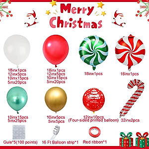 AobkDeco 153PCS Christmas Balloon Garland Arch Kit Red White Gold balloons Candy Foil Balloons Candy Cane Balloons Printing Snowflake Balloons for Christmas Party Decorations