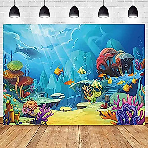 MAQTT 5x3ft Underwater World Photography Backdrop for Children Newborn Birthday Party Decoration Coral Reef and Fishes Wonderland Background Baby Shower Supplies Photo Props