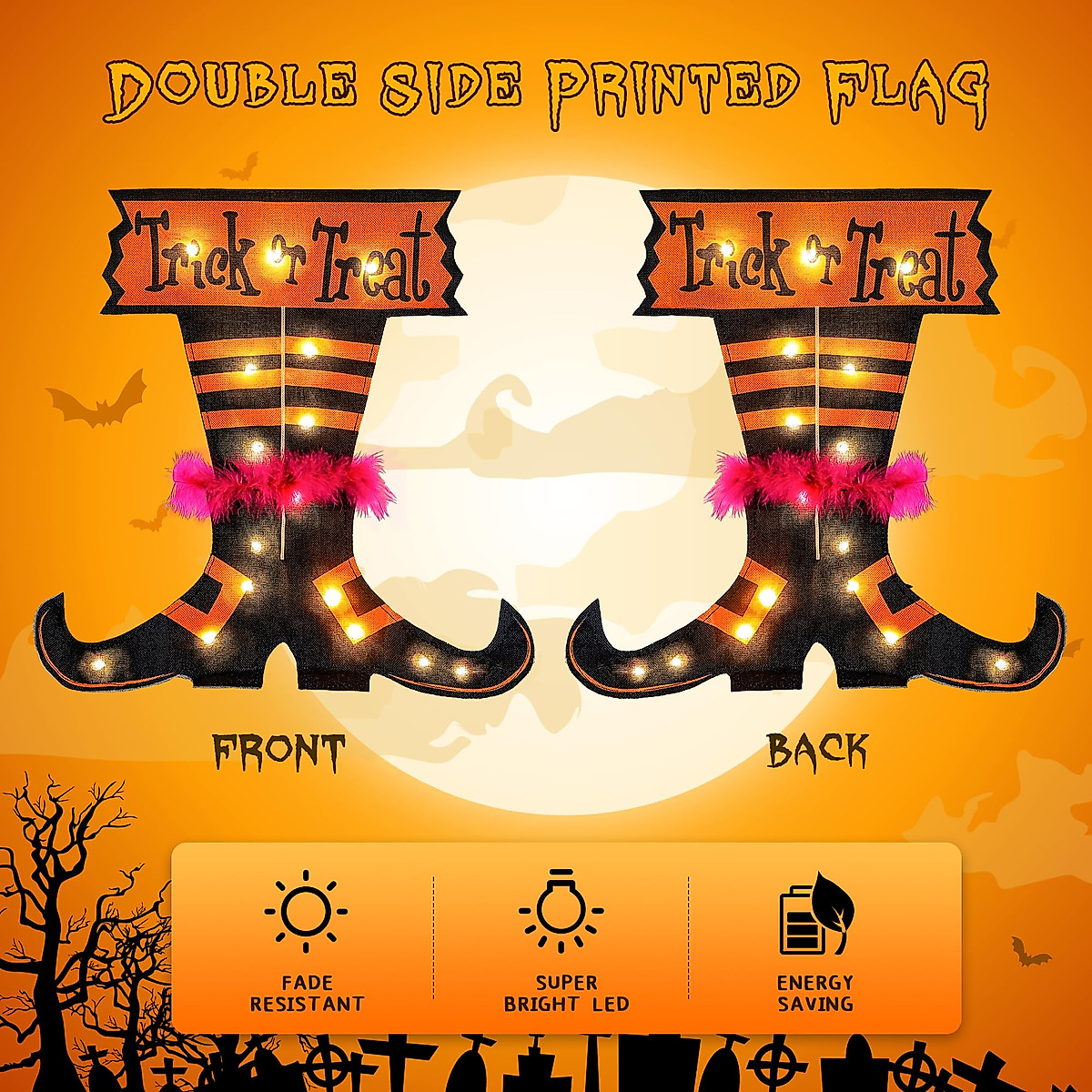 Qunlight Halloween Trick Or Treat Graden Flag lights without flag pole, Double Sided Witch Feet Flag Banner 17.1*17.2Inch ,16 Warm White LED with 8modes Solar Panel, Decorations for Outdoor,Yard ,Home