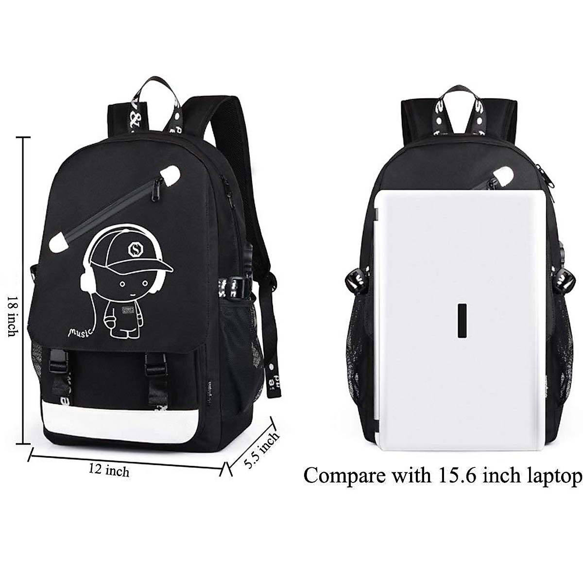 FEWOFJ School Backpack for Boys, Cartoon Luminous Bookbag 15.6inch Laptop Bag with USB Charging Port - Music Black