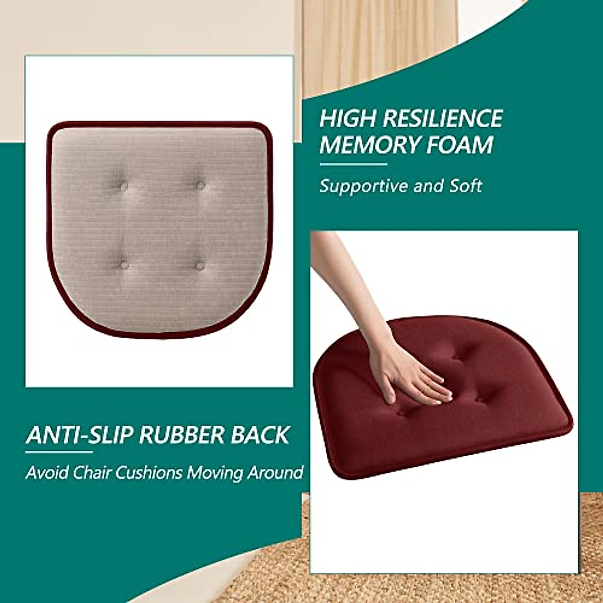 HARBOREST Chair Cushions for Dining Chairs 6 Pack - Memory Foam Seat Cushions for Kitchen Chairs, U-Shaped Non-Slip Chair Pads for Dining Chairs Set of 6, 17" x 16" x 1.5", Burgundy