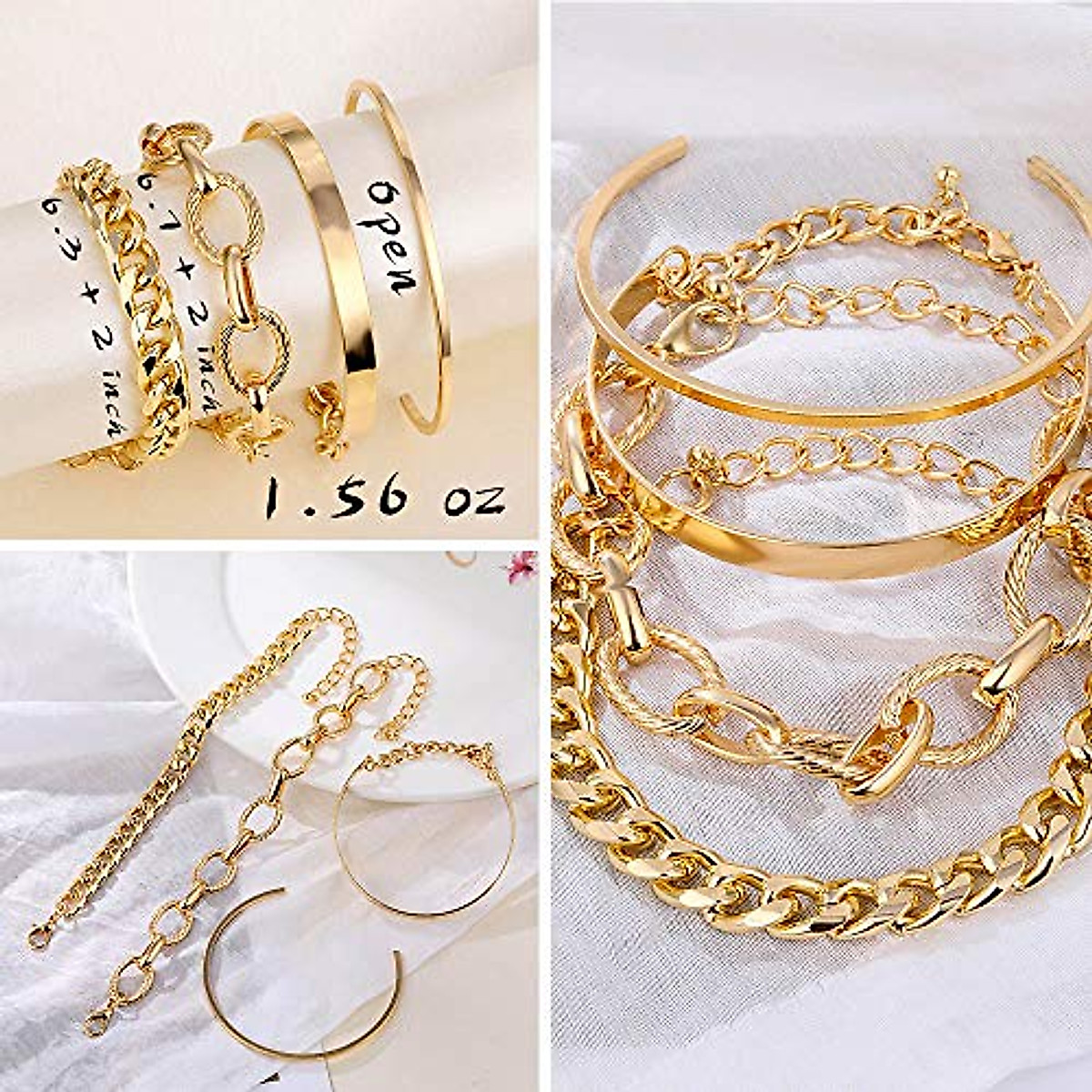 IFKM 6 PACK (24 PCS) Boho Gold Chain Bracelets Set for Women Girls, 14K Gold Plated Multiple Layered Stackable Open Cuff Wrap Bangle Adjustable Link Italian Cuban Jewelry for Women Girls Gift