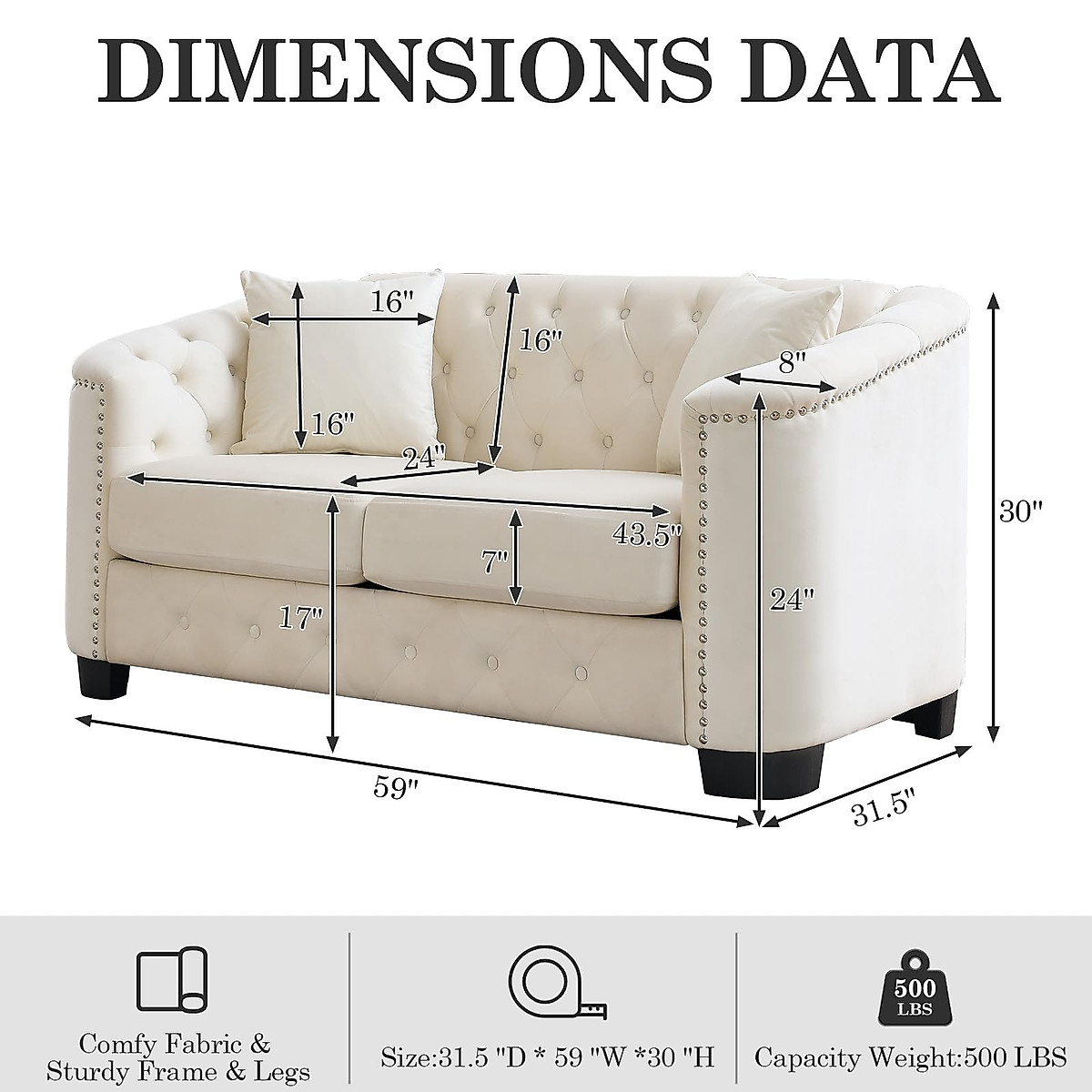 JEEOHEY Sofa,Chesterfield Sofa,Velvet Sofa Couch,Oversized Loveseat Sofa,2 Seater Sofa Chair with Button Nailhead,Upholstered Deep Seat Sofa,Futon Couches for Living Room,Bedroom,Office(Beige