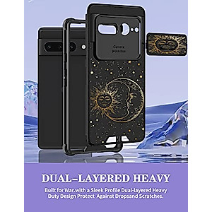 Goocrux for Google Pixel 7 Pro Case Sun and Moon Stars for Girls Women Cute Space Girly Phone Cover Fashion Gold Print Unique Design with Slide Camera Cover Aesthetic Cases for Pixel 7 Pro 5G 6.7 inch