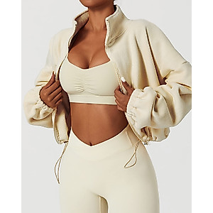 QINSEN Women's Polar Fleece Bomber Jacket Full Zip Stand Collar Short Coat Cozy Winter Warm Outwear Beige L