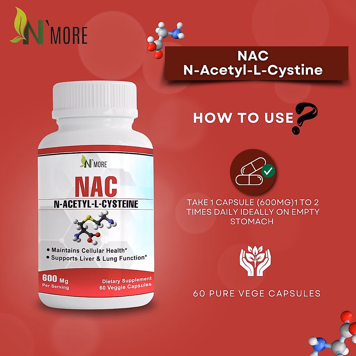 N'More N-Acetyl-Cysteine (NAC) 600 Mg 60 Veggie Capsules Non-GMO, Gluten Free