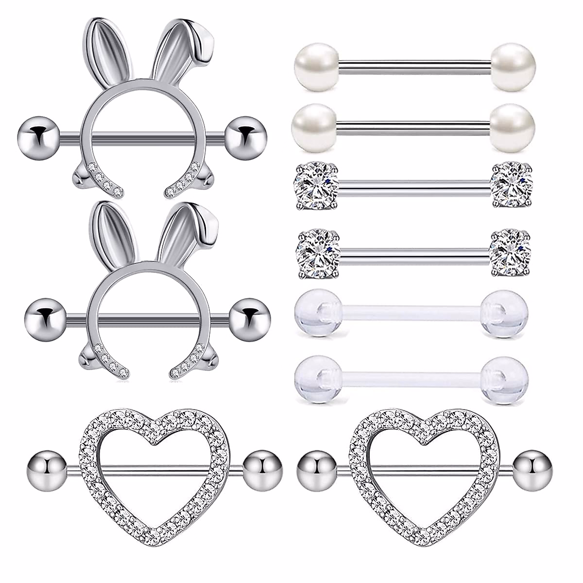 TIANCI FBYJS 5-7 Pairs Stainless Steel Nipple Rings Tongue Ring Piercing Body Jewelry Barbell CZ Heart Shape Rings for Women(set3)