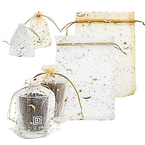 souG Organza Gifts Bags, 5x7 100Pcs Sheer Organza Drawstring Pouches Stars and Moon Wedding Party Favor Jewelry Candy Gift Bags (White and Gold).