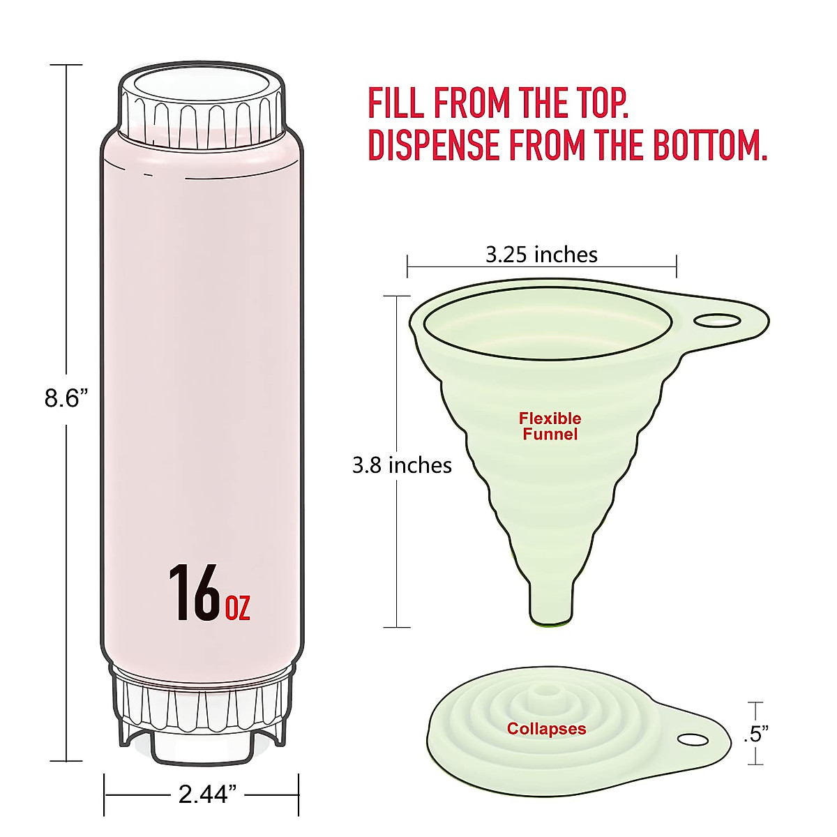 FIFO Squeeze Bottle Refillable (6 Pack) Yellow Dispenser for Most Condiments, Smooth Sauces, Ketchup, Mustard, BBQ and Dressing with Flexible Funnel (Yellow)