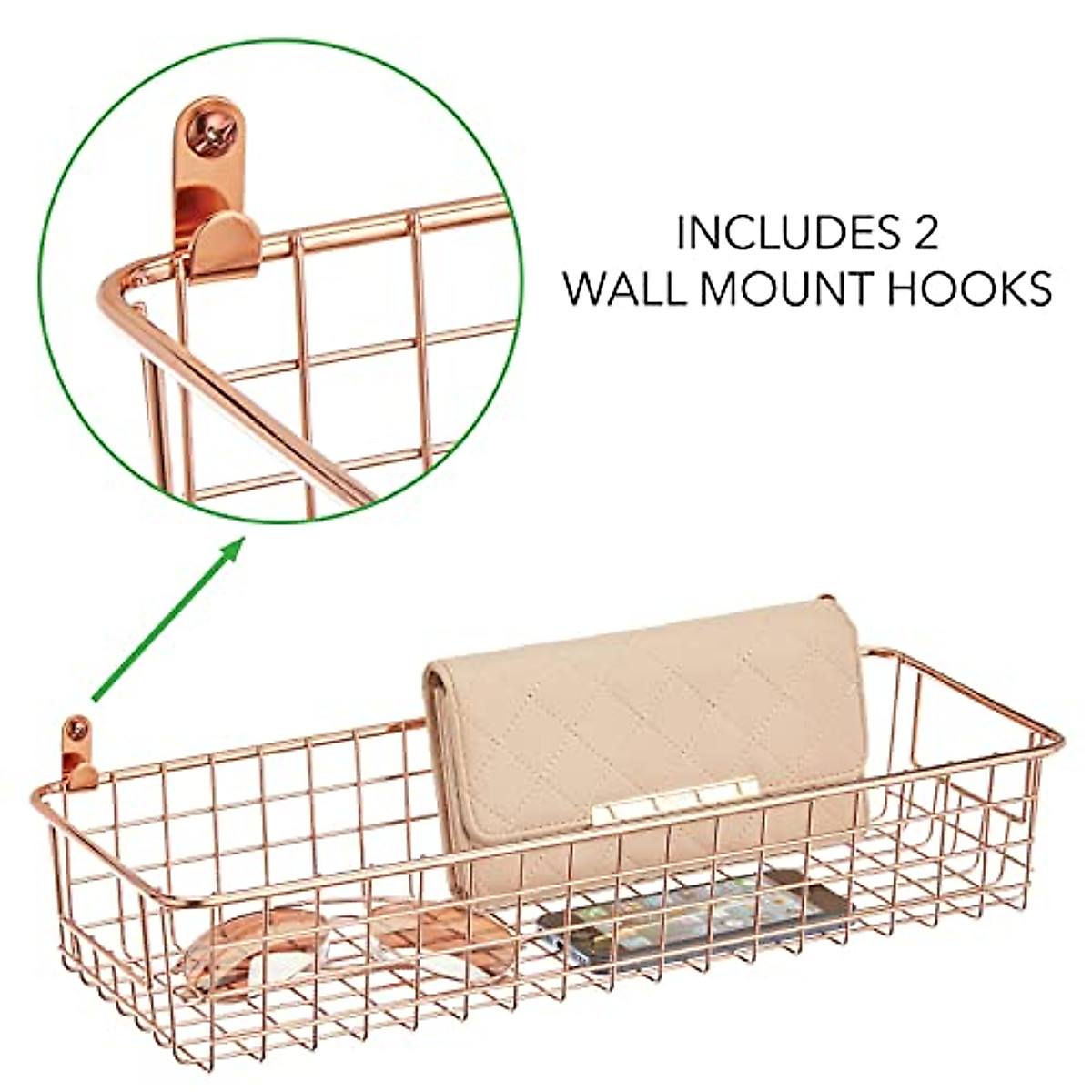 mDesign Wallmount Metal Storage Basket Tray with Handles - Decorative Organizer for Hanging in Entryway, Mudroom, Bedroom, Bathroom, Laundry Room - Small - Hooks Included - 2 Pack - Rose Gold