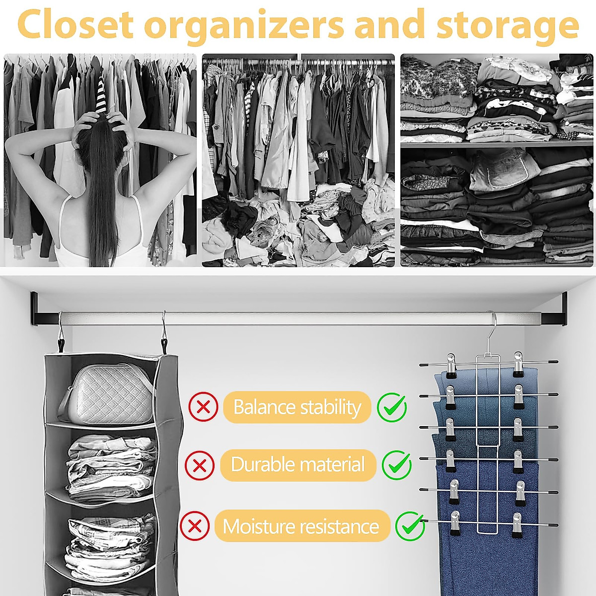 Closet Organizers and Storage-Hanging Closet Organizer-6 Tier-Skirt & Pants Hangers Space Saving-Durable Closet Organization Hangers-Skirt Hangers with Clips-2 Pack Closet Storage-Apartment Essentials