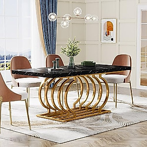 Tribesigns Modern Dining Table, 63 inch Faux Marble Wood Kitchen Table for 6 People, Rectangular Dinner Room Table with Geometric Frame for Kitchen, Dining Room, Black Gold