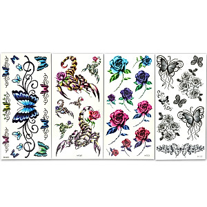 Lady Up Temporary Tattoos Stickers 20 Sheets Body Art Flowers, Roses, Butterflies Tattoo for Women, Mixed Style and Multi-Colored Waterproof 90×190mm