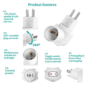 Borju Plug in Light Socket, Outlet to Socket Adapter, 360° Rotatable Plug with On/Off Switch, ETL Listed, White