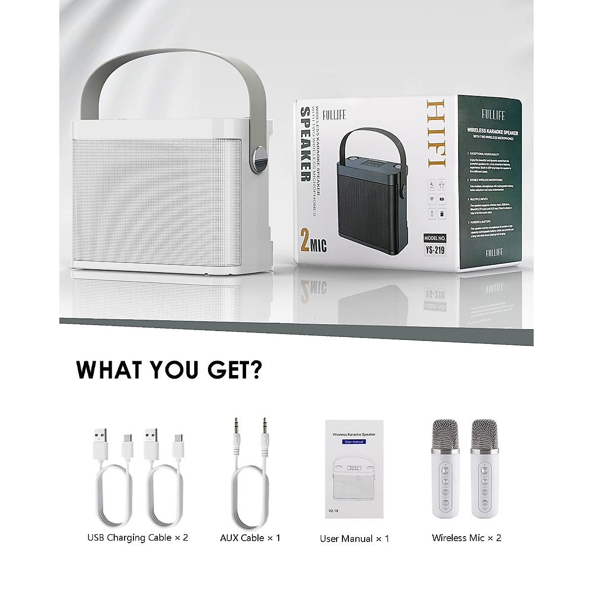 FULLIFE Karaoke Machine for Adults/Kids, 3000mAh Portable Bluetooth Karaoke Speaker with 2 Wireless Microphones, HD Sound PA System with Handle and Echo, Supports TF/USB, AUX-in, for Home Parties