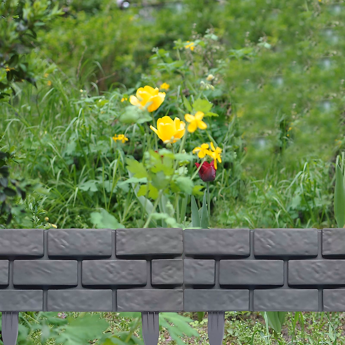 EESLL Decorative Brick Effect Garden Edging,4PCS Grey Plastic Brick Look Flower Bed Border Detachable Splicing Garden Fence Imitation Stone Plant Lawn Picket for Outdoor Yard Landscape