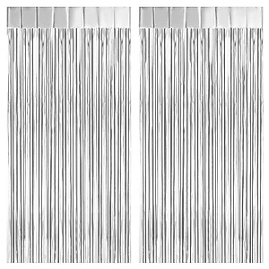 2 Pack Silver Foil Fringe Curtain Backdrop, 3.2Ft x 8.2Ft Metallic Tinsel Foil Fringe Streamer Curtains for Party Photo Booth Props Bachelorette Birthday Bridal Shower Christmas Decorations