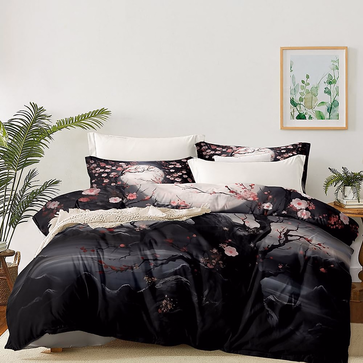 CCoutueChen King Black Pink Cherry Blossom Duvet Cover Japanese Style Cherry Blossoms Duvet Cover Set 3Pcs Vintage Floral Bedding Set with Zipper Closure 4 Ties (2 Pillowcases, No Comforter)