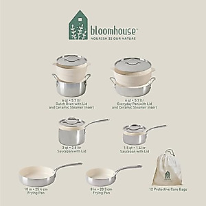 Bloomhouse - Oprah's Favorite Things - 12 Piece Triply Stainless Steel Pots and Pans Cookware Set w/Non-Stick Non-Toxic Ceramic Interior, Ceramic Steamer Inserts, & 12 Protective Care Bags