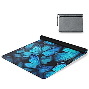 GOODOLD Blue Butterflies Yoga Mat, 71 x 26 Inch Non-slip Yoga Mats Folding Travel Exercise Mat Indoor Outdoor Gym Pilates with Storage Bag for Women Men