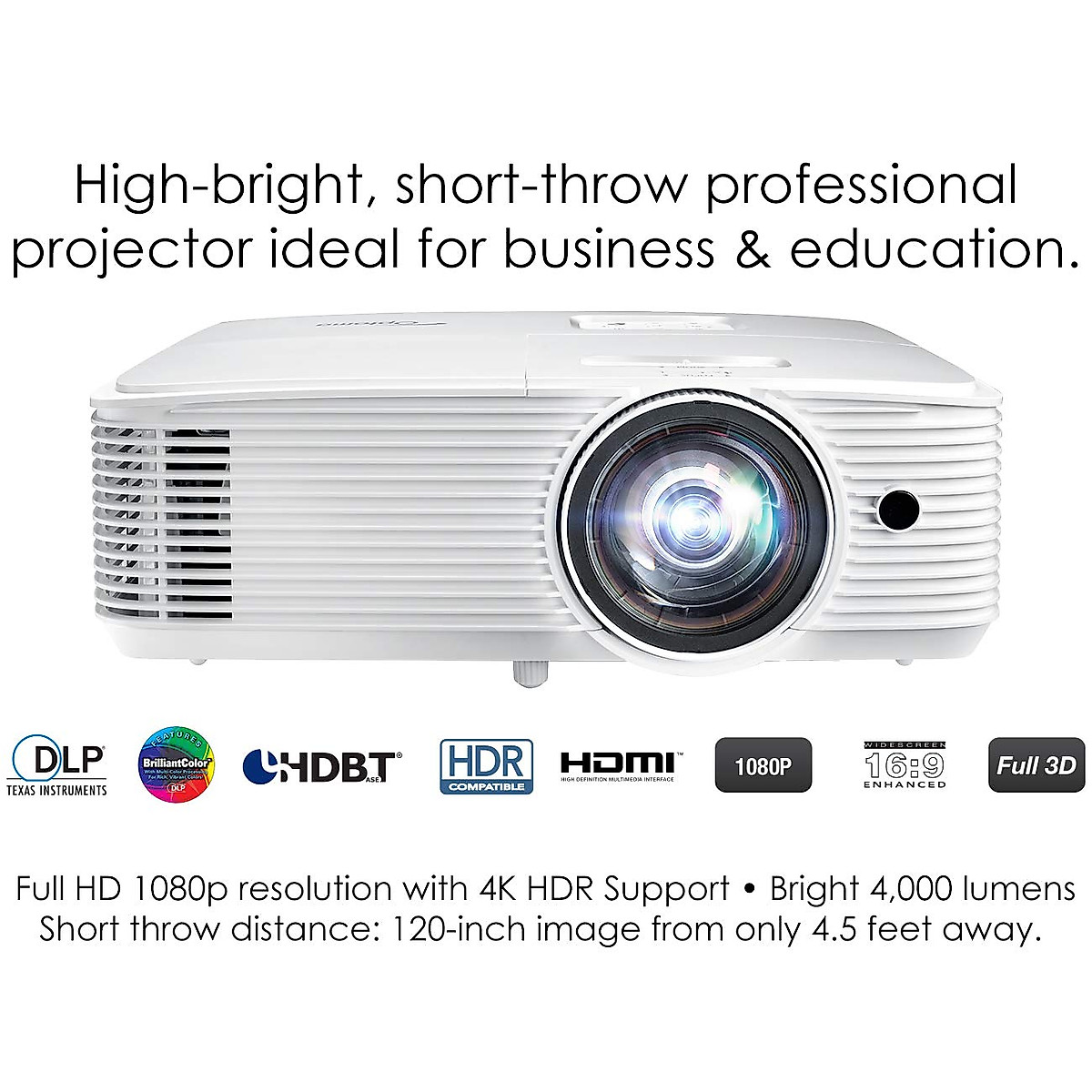 Optoma EH412ST Short Throw 1080P HDR Professional Projector | Super Bright 4000 Lumens | Business Presentations, Classrooms, or Meeting Rooms | 15,000 Hour lamp Life | Speaker Built in | Portable