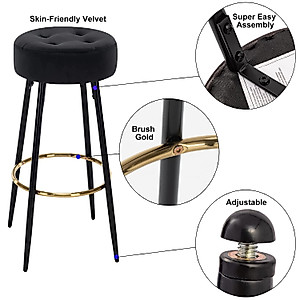 Furnimart 30 inches Modern Round Bar Stools Set of 2, Upholstered Dining Chair Stool with Gold Footrest for Kitchen Island Coffee Pub Shop Bar Height (Velvet-Black)