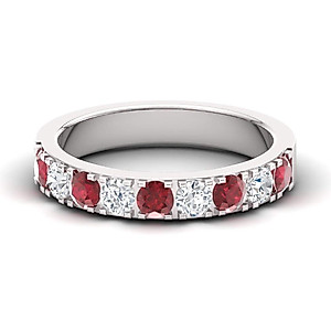Diamondere Natural and Certified Ruby and Diamond Wedding Ring in 14K White Gold | 0.92 Carat Half Eternity Stackable Band for Women, US Size 7
