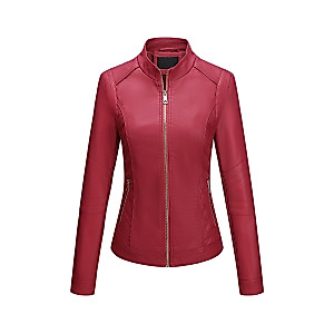 Bellivera Womens Faux Leather Jacket Moto Long Sleeves Coat 36 Red XL