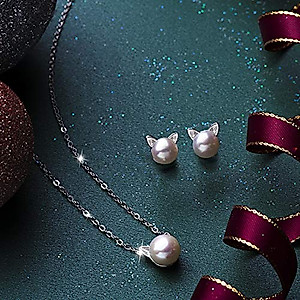 S.Leaf Cat Earrings Pearl Earrings Sterling Silver Earrings for Women Cat Memorial Gifts Cat Gifts for Cat Lovers