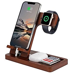 3 in 1 Charging Station, Wood Charger Stand for iPhone, iPad, Apple Watch, AirPods, Wood Phone Docking Station, Phone Charging Station Organizer, Charging Stand, Dad Gifts for Men