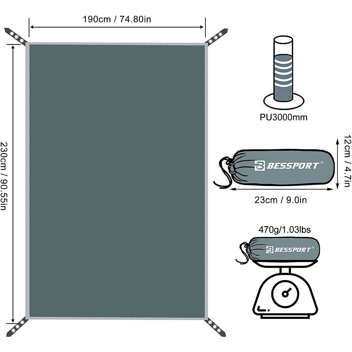 Bessport Tent Footprint for 1-2-3 Person Tent Waterproof Camping Tarp with Drawstring Carrying Bag for Picnic, Hiking and Other Outdoor Activities (3 Person)