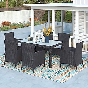 BIADNBZ 7-Pieces Patio Dining Set Outdoor PE Wicker Rattan Furniture with 1 Glass Top Table,6 Armchairs and Cushions, OneSize, Black+White