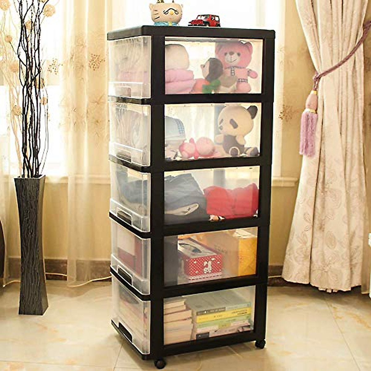 Shozafia 5-Drawer Rolling Storage Cart on Wheels, Craft Storage Containers Bins, Black Frame & Clear Storage Drawers
