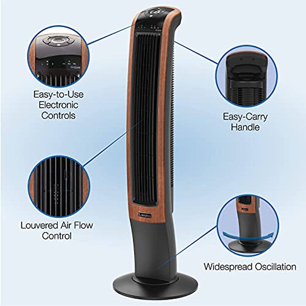 Lasko Wind Curve Electric Oscillating Tower Fan with Bluetooth Technology for Indoor, Bedroom and Home Office Use, 42", Woodgrain T42905