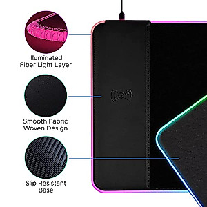 Juicy Chargers Extra Long RGB Non-Slip Wireless Charging mat with 10 Backlight Colors, Wireless Charger Mouse pad Supports Qi Mobile Devices for Home, Office and Gaming, Desk 12 x 35.5 inch