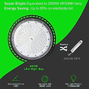 ANTLUX 600W UFO LED High Bay Light 90000lm (Equiv.to 2400W MH/HPS) High Bay LED Shop Light AC100-277V 5000K Commercial Bay Lighting -2 Pack