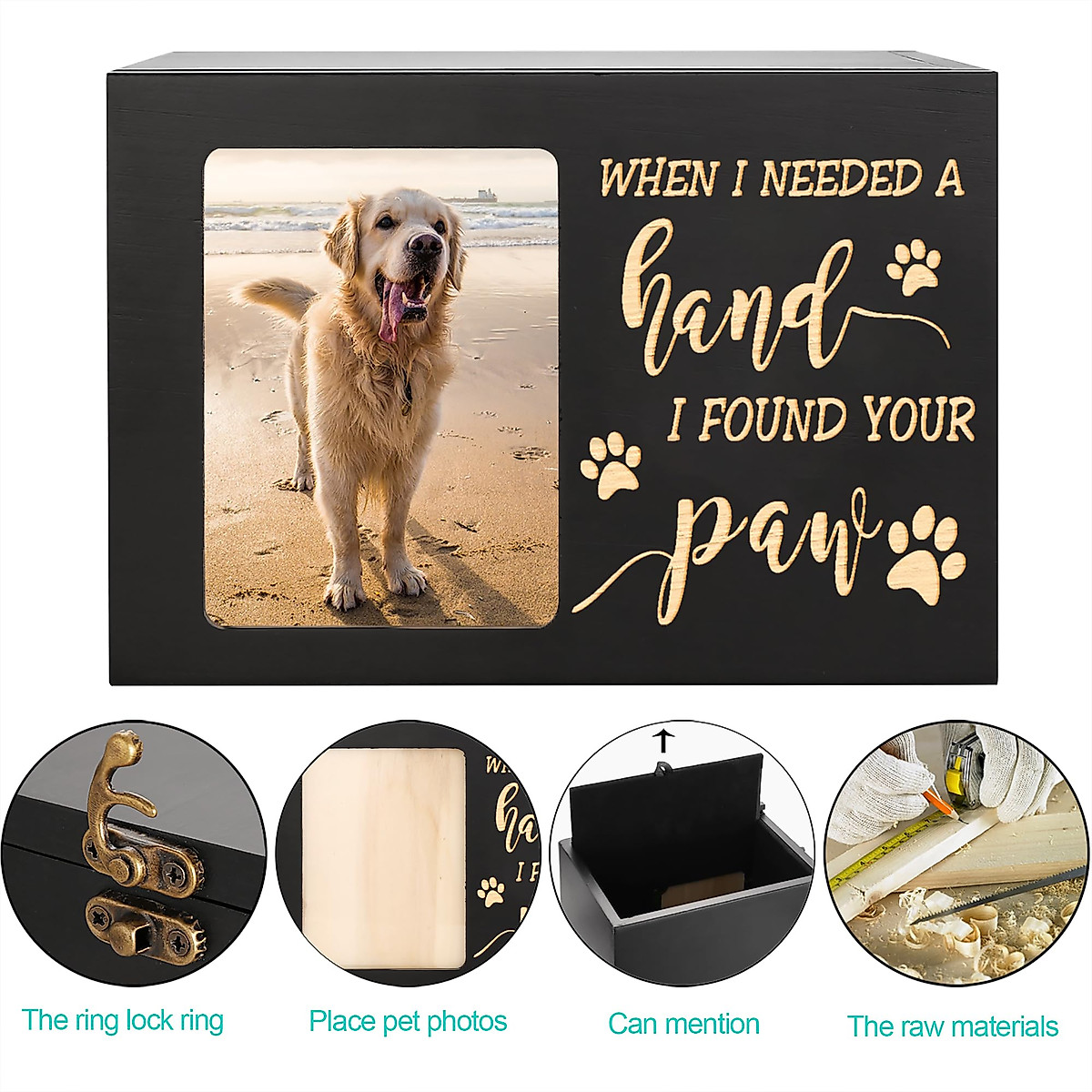 Pet Memorial Urns for Dog or Cat Ashes, Large Wooden Funeral Cremation Urns with Photo Frame, Memorial Keepsake Memory Box with Black Flannel as Lining, Loss Pet Memorial Remembrance Gift