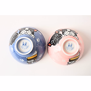Mino ware Japanese Pottery Pair Rice Bowl French Bulldog Blue & Pink made in Japan (Japan Import) MIG007